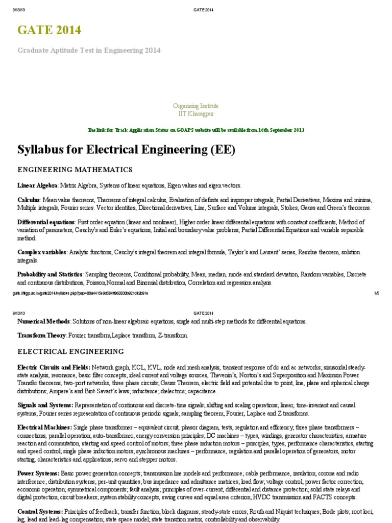 GATE 2014: Syllabus For Electrical Engineering (EE) | PDF | Integral ...