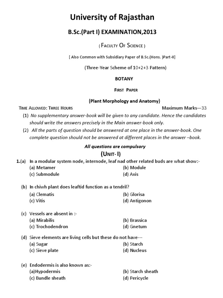 B.Sc. 1st Year Botany Exam Paper | PDF | Plant Stem | Histology