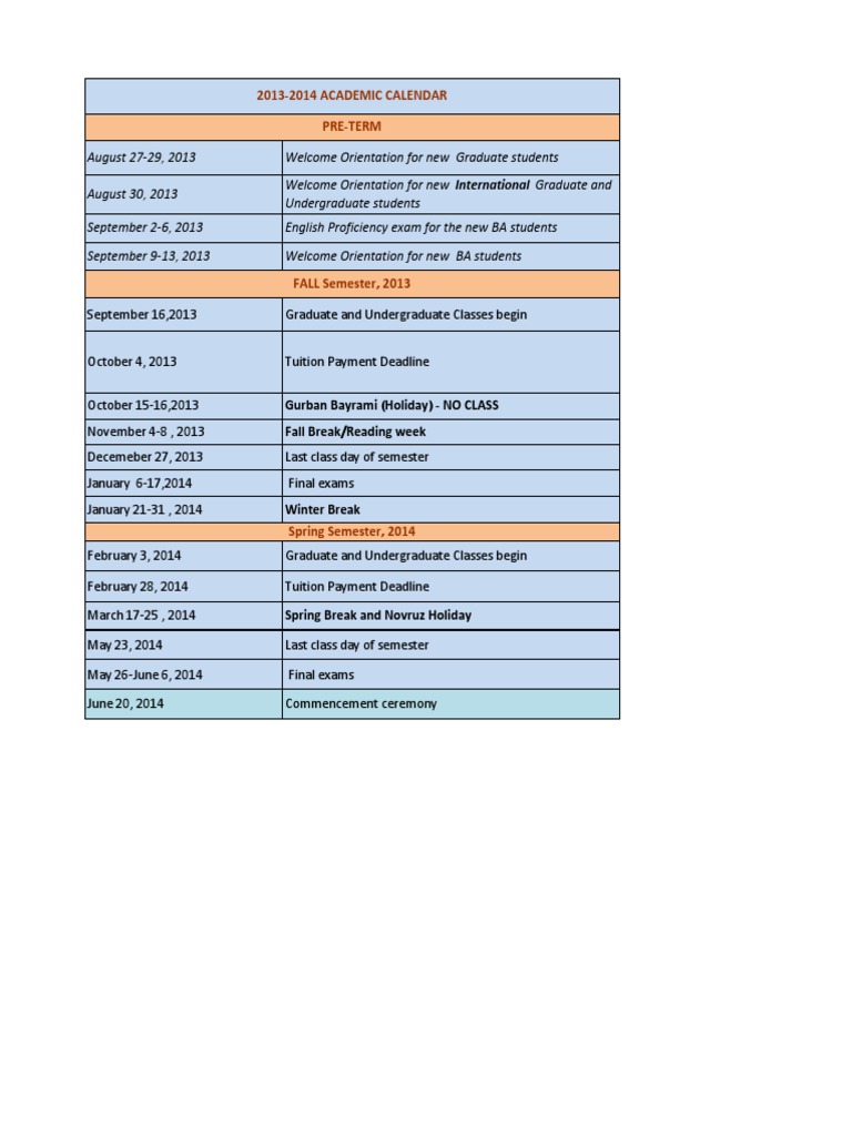 2013-2014 Academic Calendar Overview | PDF