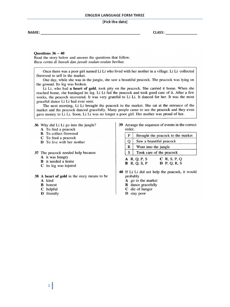 Form Three English Language - Comprehension | PDF