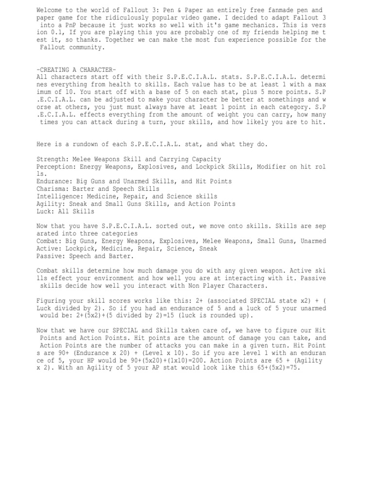 Fallout PNP Character Creation | PDF | Gaming | Role Playing Games