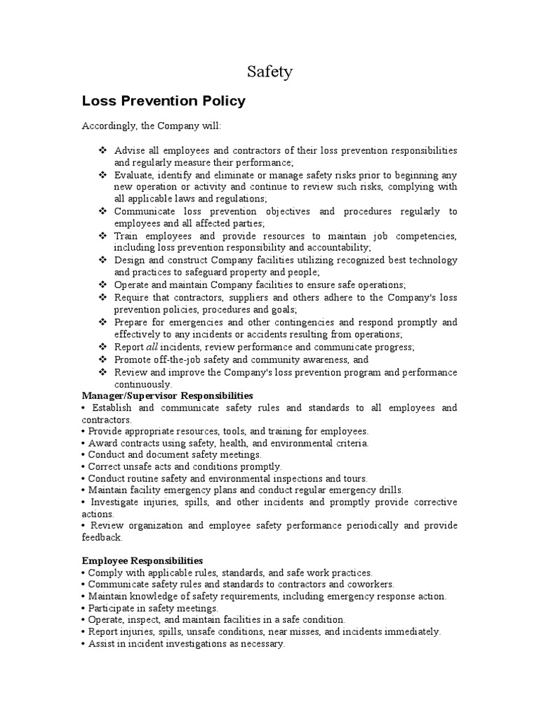 Safety: Loss Prevention Policy | PDF | Safety | Emergency