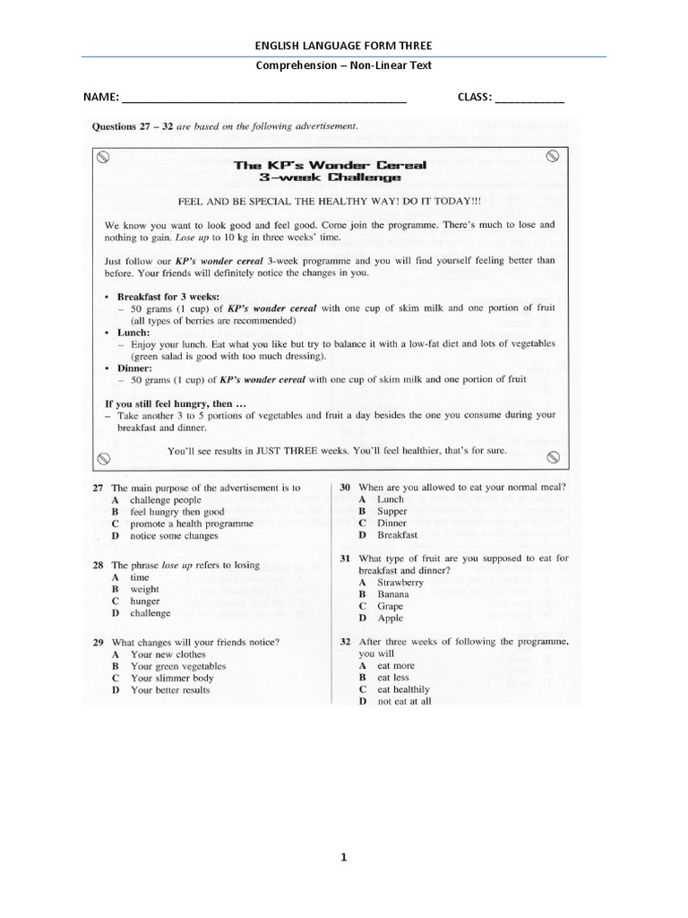 Form 3 English Comprehension Worksheet | PDF