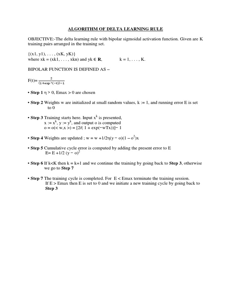 Algorithm of Delta Learning Rule | PDF