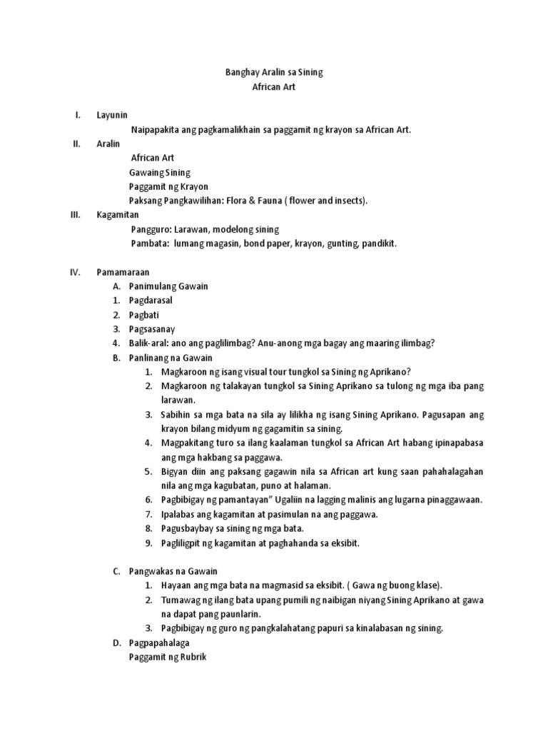 Banghay Aralin Sa Sining 6 African Art | PDF