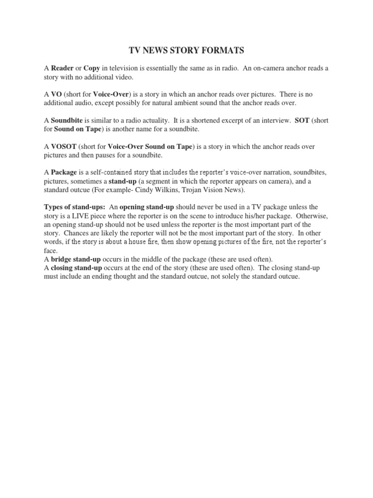 TV News Story Formats | PDF | Voice Over | Mass Media