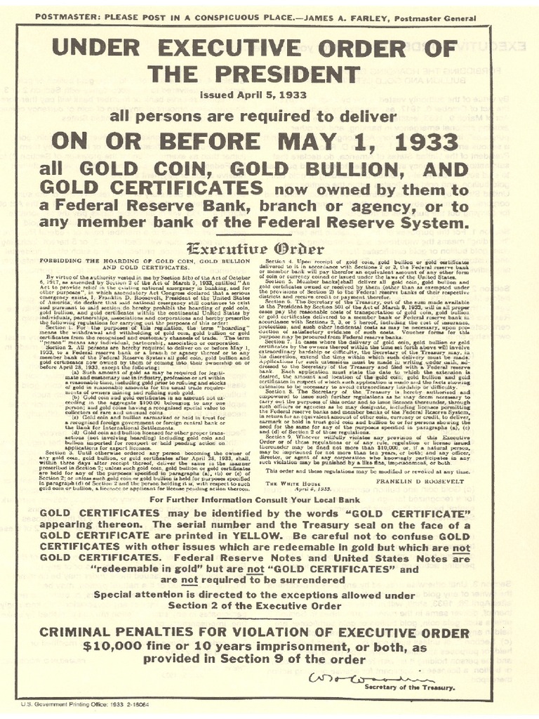 1933 Exec Order 6102 Gold Clause | PDF