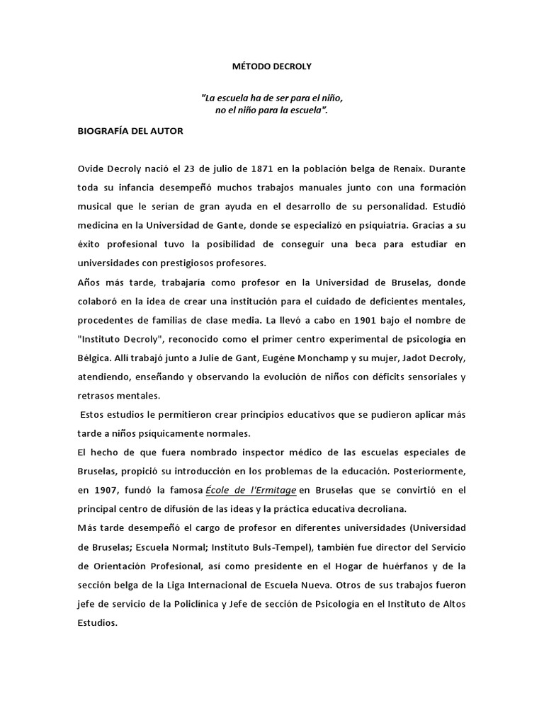 Método Decroly | PDF | Lectura (proceso) | Sicología