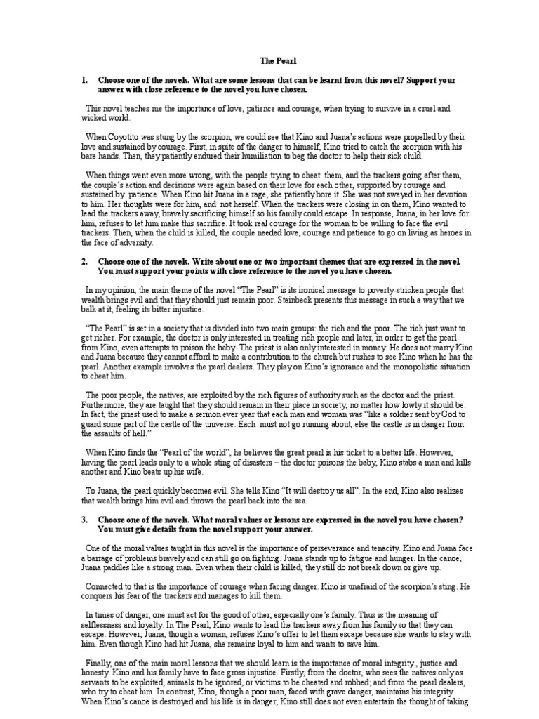 The Pearl 1. Choose One of The Novels. What Are | PDF