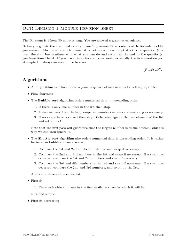 OCR D1 Revision Sheet | PDF | Theoretical Computer Science | Algorithms