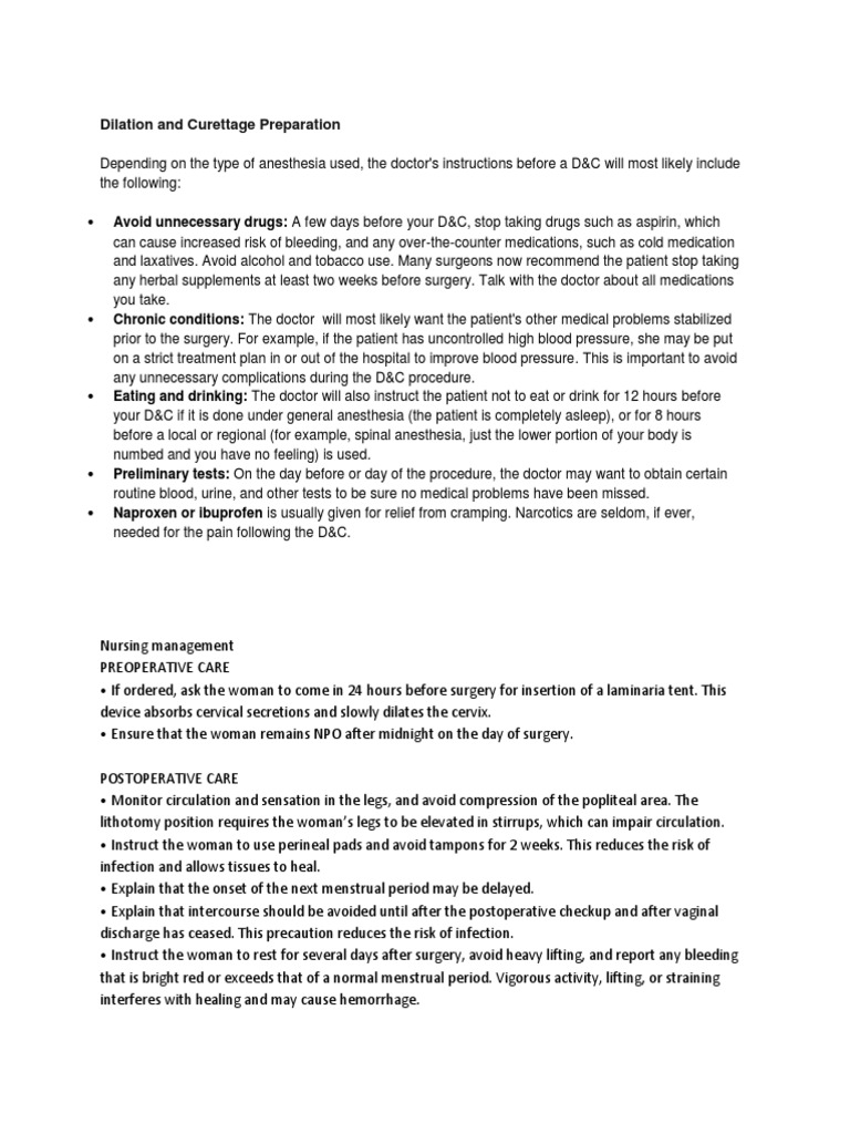 Dilation and Curettage Preparation | PDF | Women's Health | Gynaecology