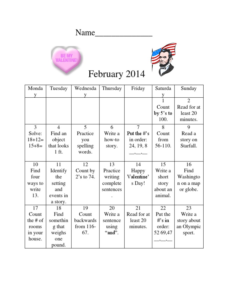 February 2014 Weekly Activity Planner | PDF