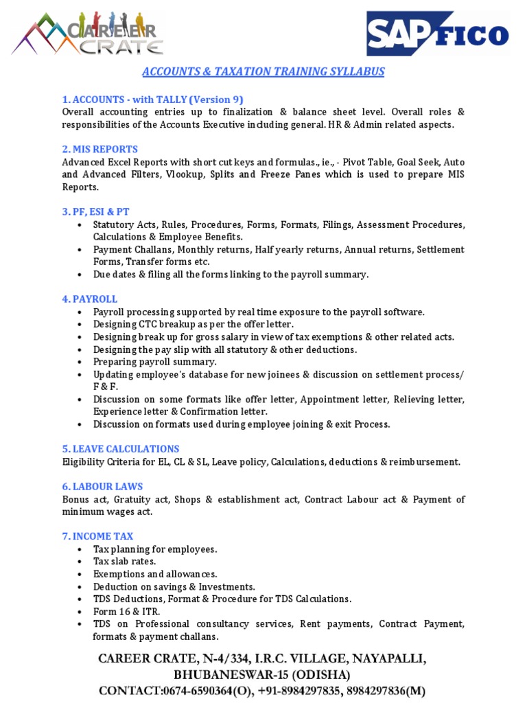 Accounts, Taxation & Sap Fico Syllabus | PDF | Payments | Taxes