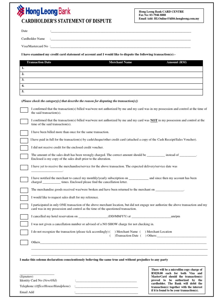 HLB Cardholder Dispute Form | PDF | Financial Transaction | Credit Card HLB Cardholder Dispute Form | PDF | Financial Transaction | Credit Card