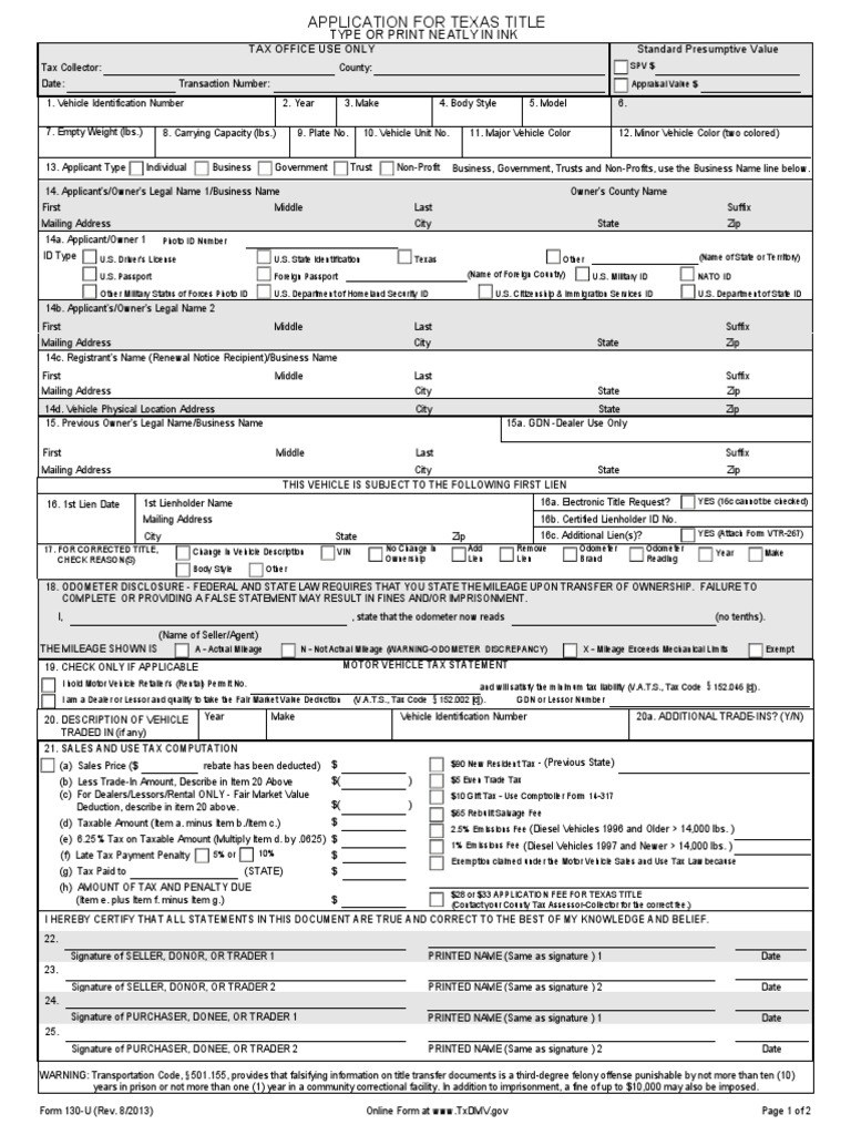 Texas Title Application Instructions | PDF | Use Tax | Identity Document