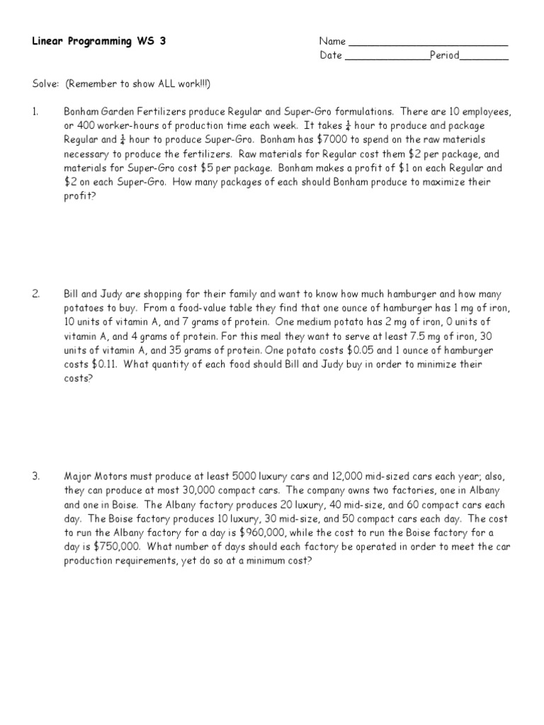 2.8 Linear Programming WS 3 With Answers | PDF | Linear Programming ...