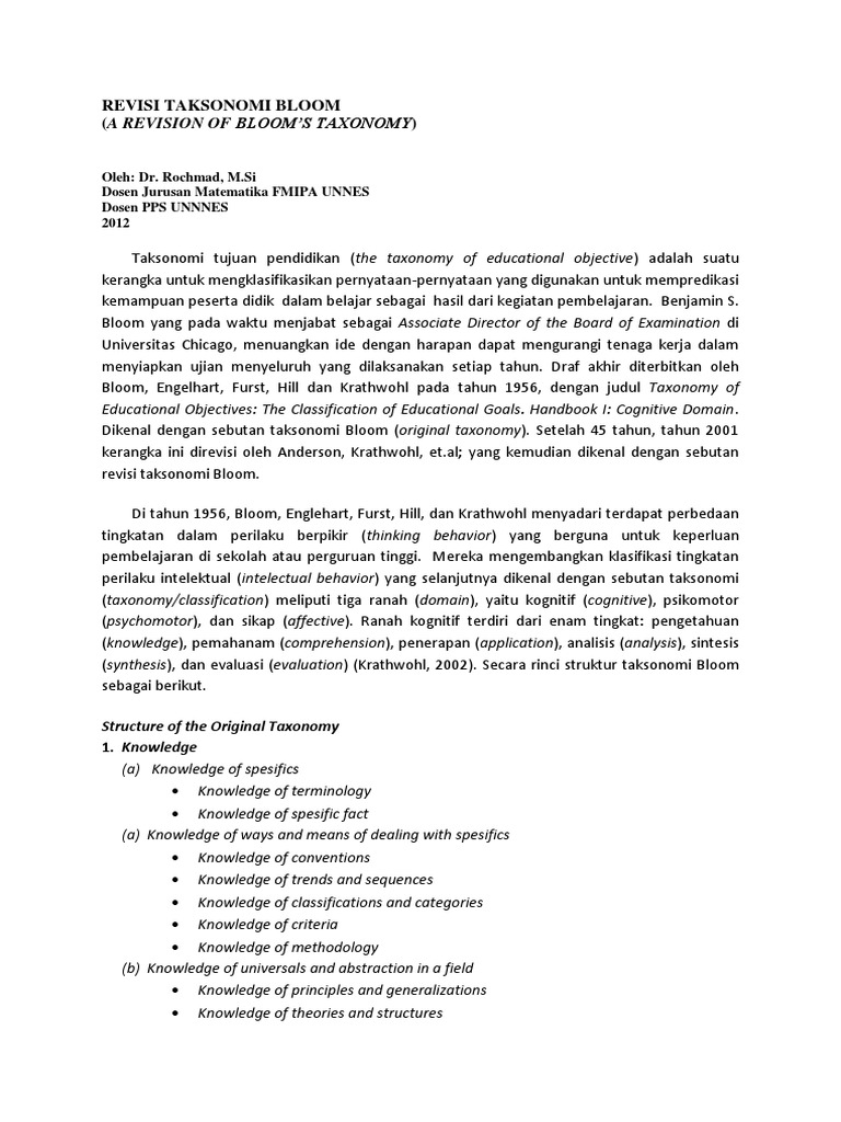 Revisi Taxonomy Bloom. Tahapan Taxonomy Bloom Yang Baru | PDF | Proses ...