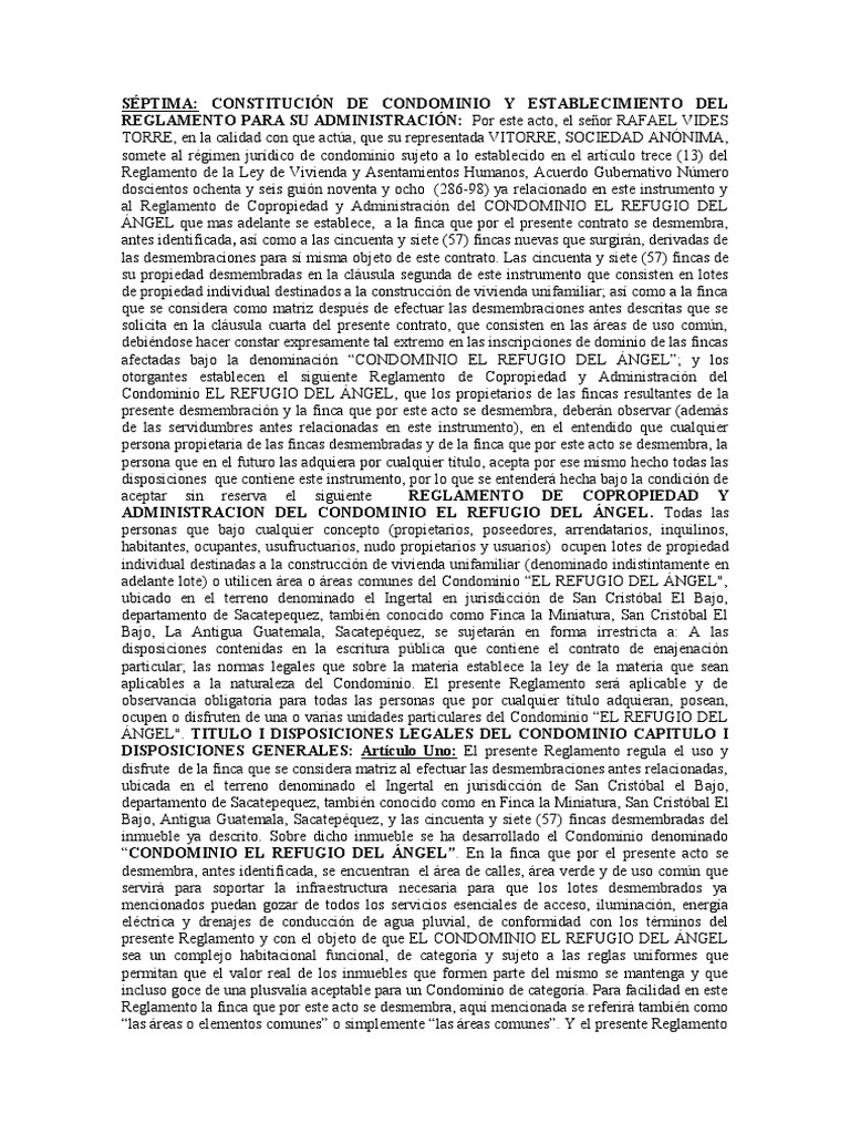 Reglamento Condominio Refugio Del Angel | PDF | Condominio | Ley de Tierras