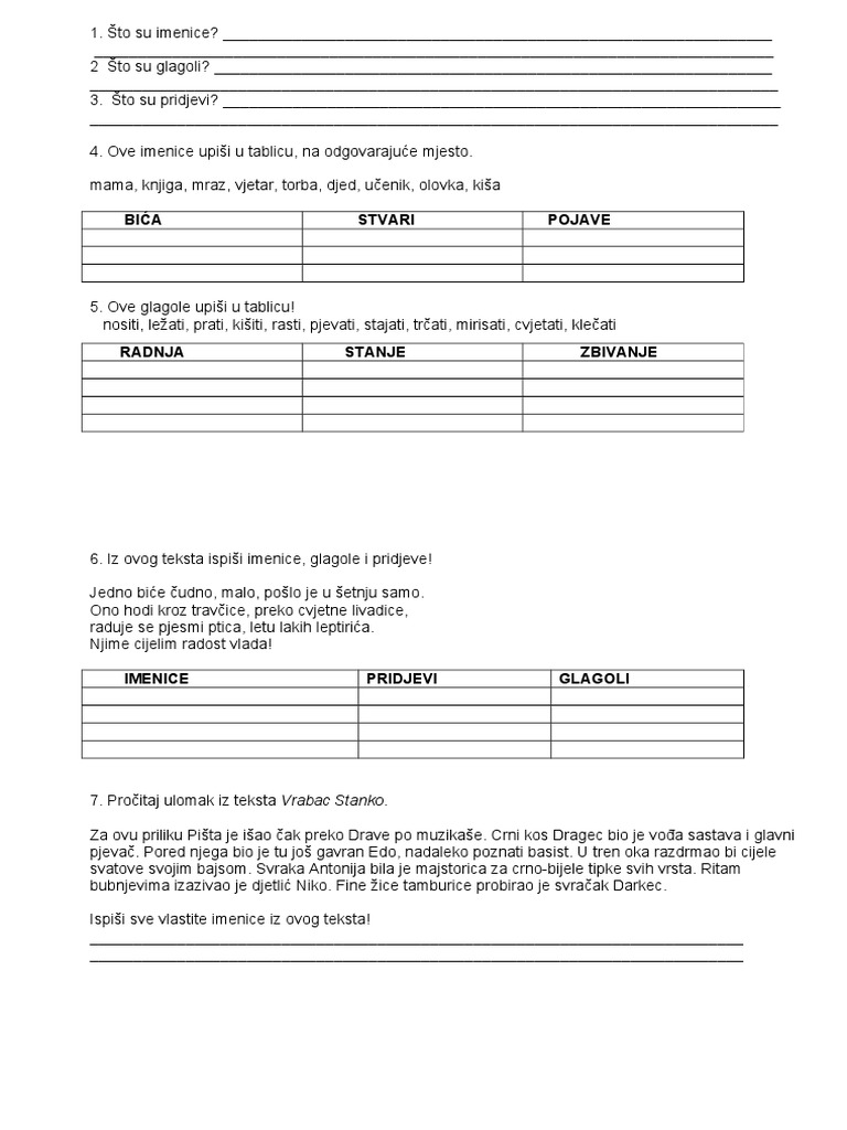 IMENICEdoc Listici Imenice Glagoli Pridjevi 4 R LIli | PDF