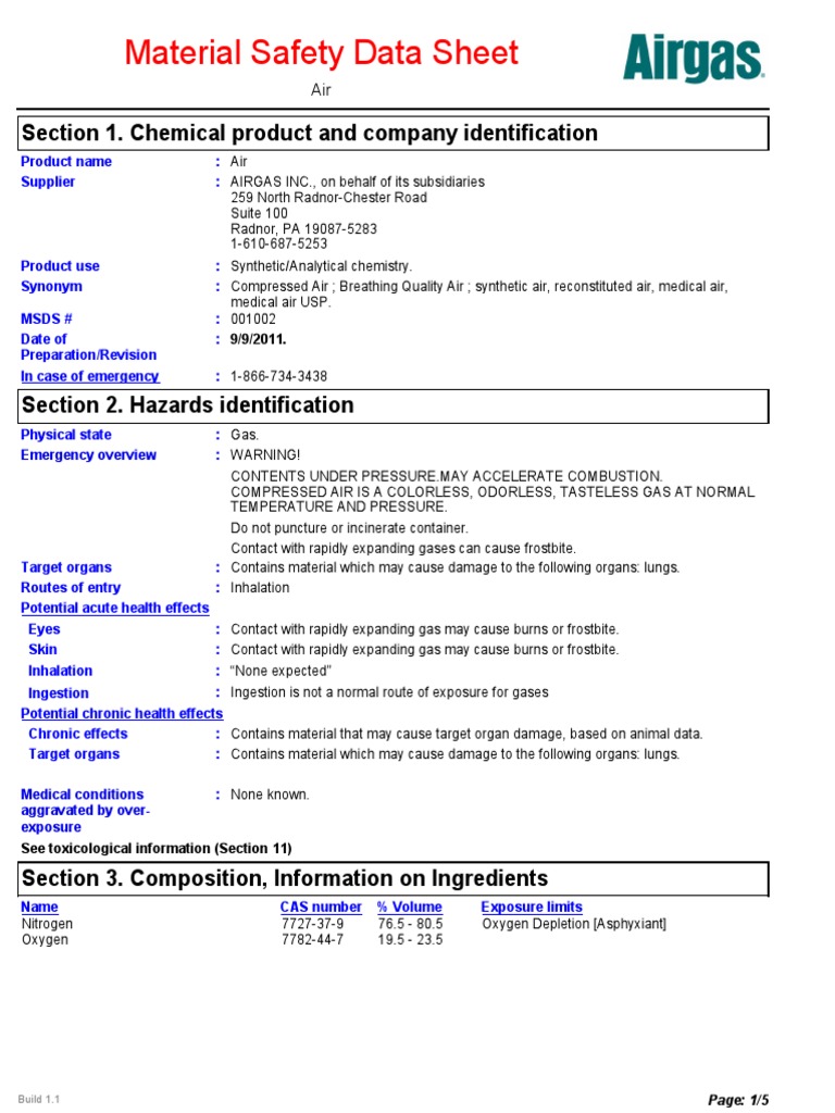 Msds of Air | PDF | Dangerous Goods | Oxygen