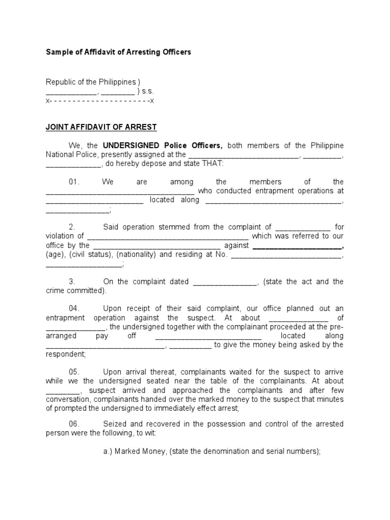 Joint Affidavit of Arrest Sample | PDF | Criminal Justice | Crime ...