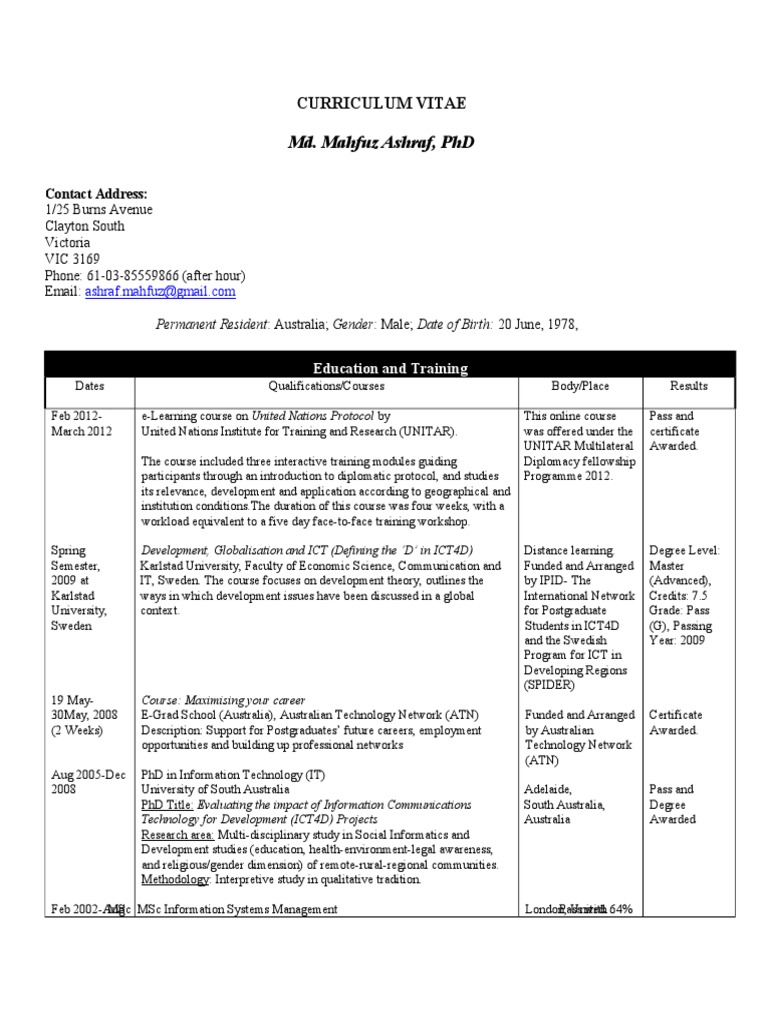 Md. Mahfuz Ashraf, PHD: Curriculum Vitae | PDF | Academia | Further ...