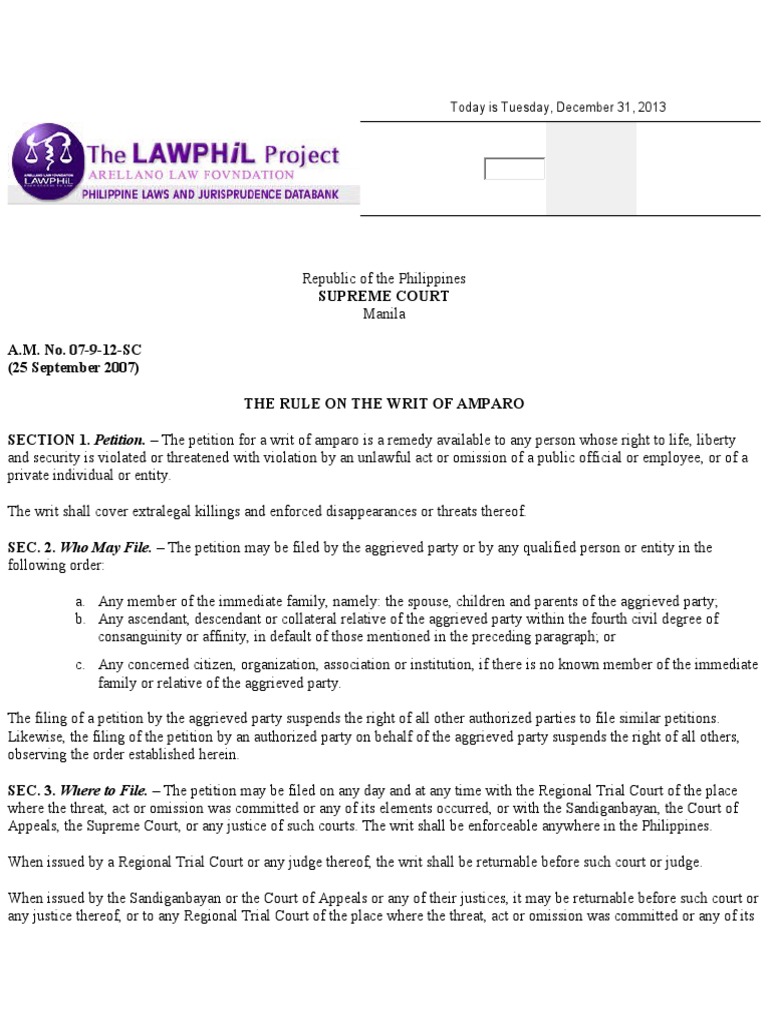 Writ of Amparo | PDF | Writ | Pleading