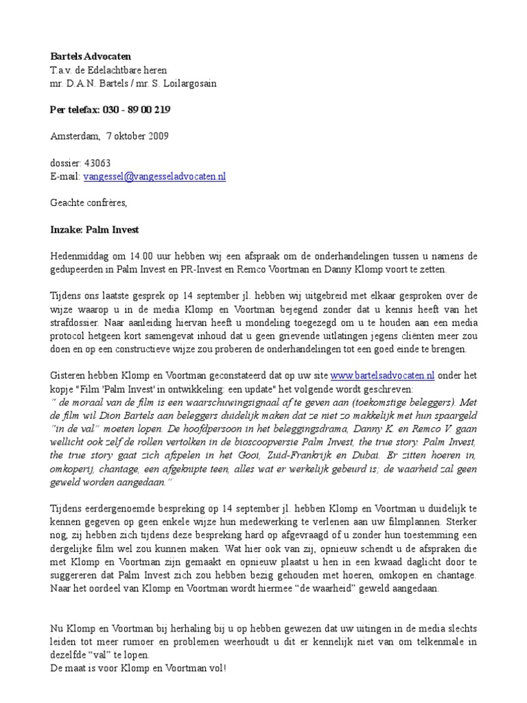 Bartels Advocaten T.A.V. de Edelachtbare Heren Mr. D.a.N. Bartels | PDF