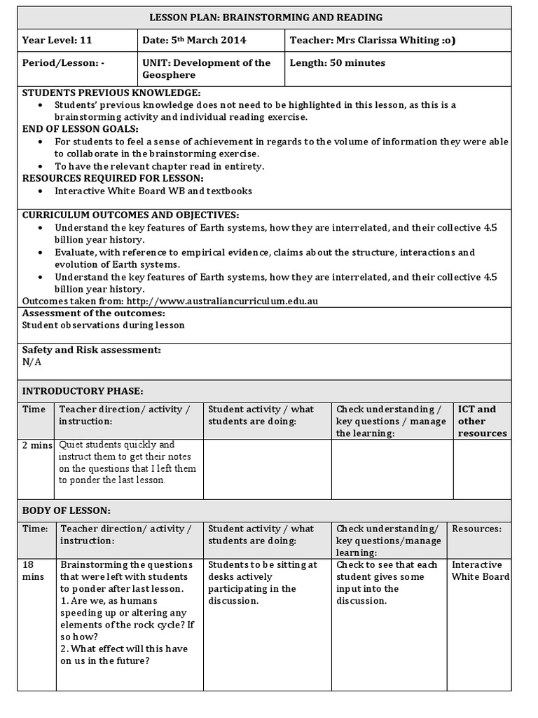 Lesson Plan 3 Brainstorm | PDF | Educational Assessment | Brainstorming