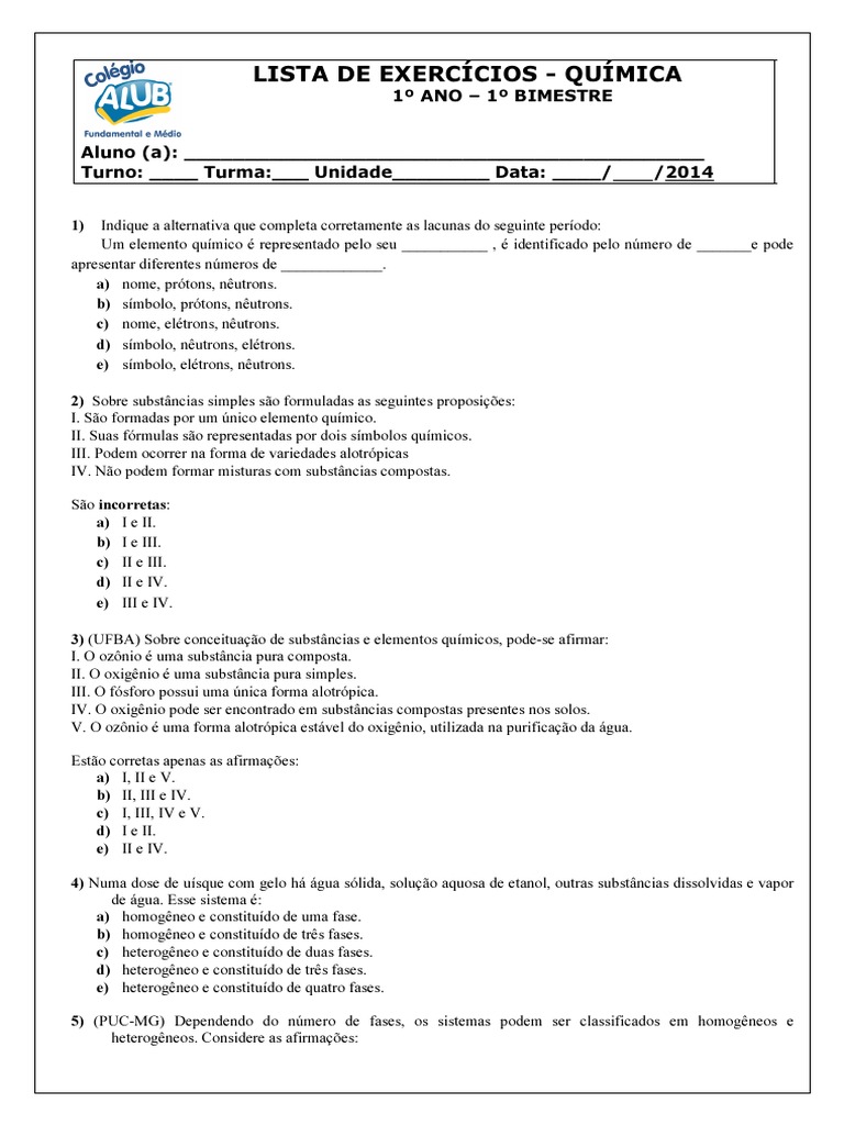 Exercícios Quimica 1ºano 1ºbim Pdf Substancias Químicas Mistura