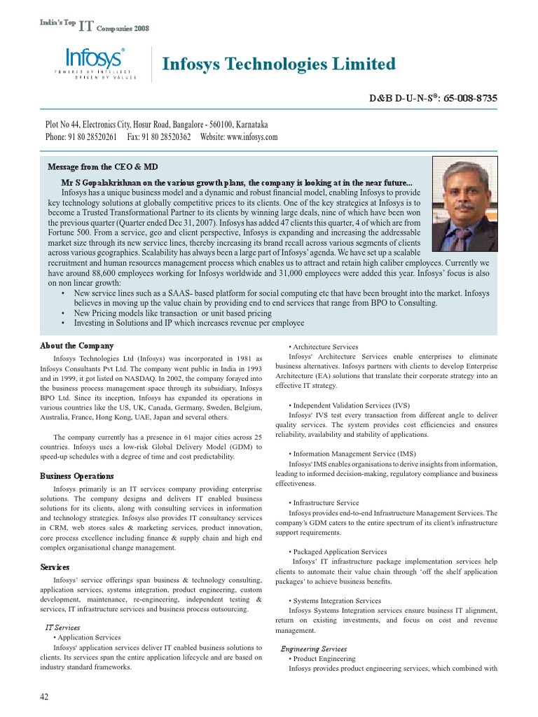 Profile - Infosys Technologies Limited | PDF | Business Process Outsourcing | Outsourcing
