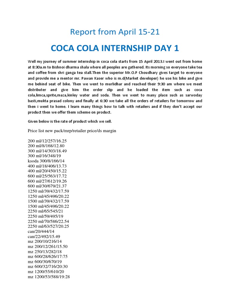 Coca Cola Summer Internship Day 1-7 | PDF | Retail | Caffeinated Drinks