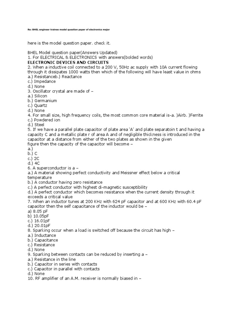 Model Question Paper and Answers for BHEL Engineer Trainee Examination ...