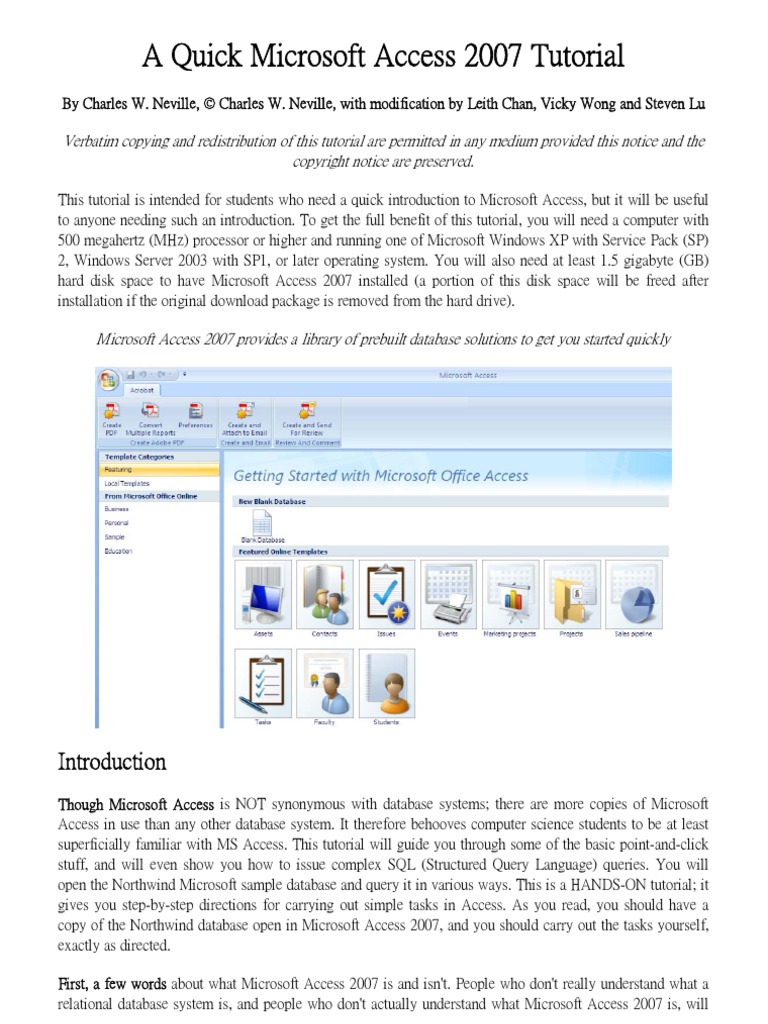 A Quick Microsoft Access 2007 Tutorial | PDF | Microsoft Access | Sql