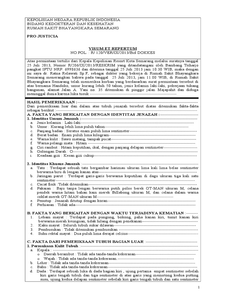 Visum Et Repertum Jenazah Luka Tajam Bill Dan Agnes | PDF