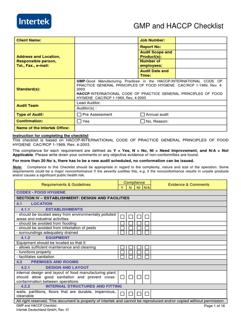 A Comprehensive GMP and HACCP Compliance Checklist for Food ...