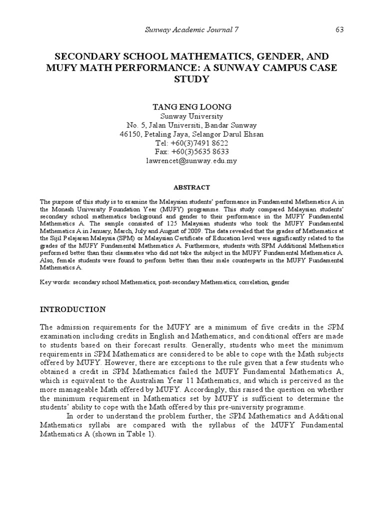 Secondary School Mathematics, Gender, and Mufy Math Performance: A ...