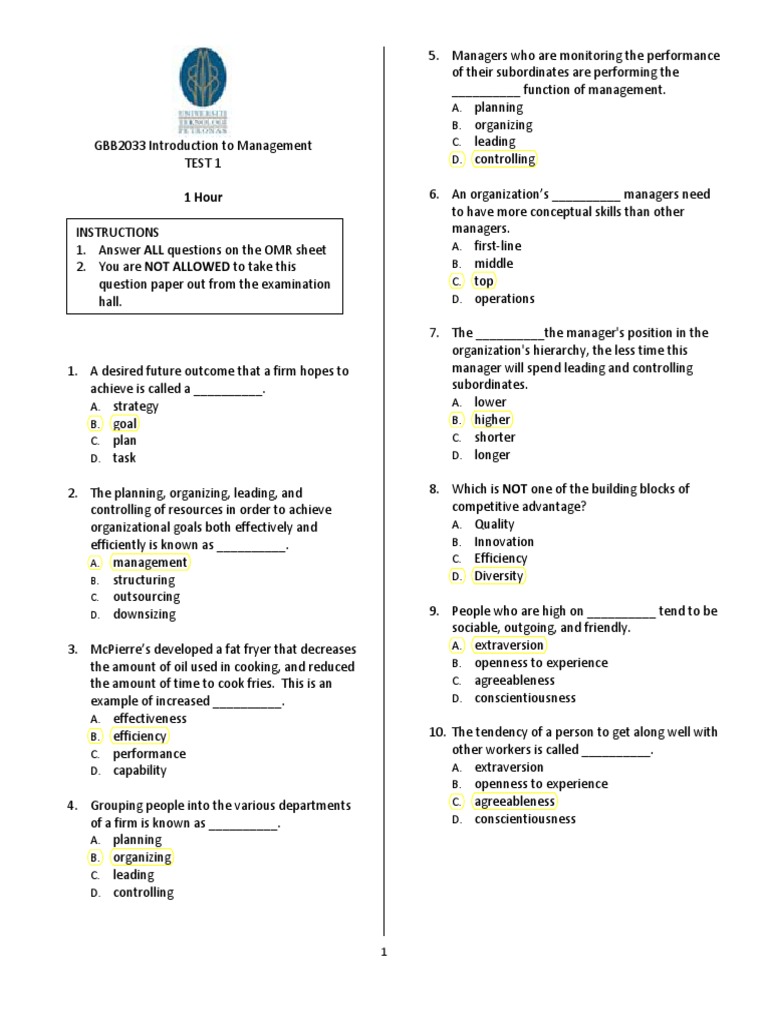Test 1 Answers - Introduction To Management | PDF | Value (Ethics ...