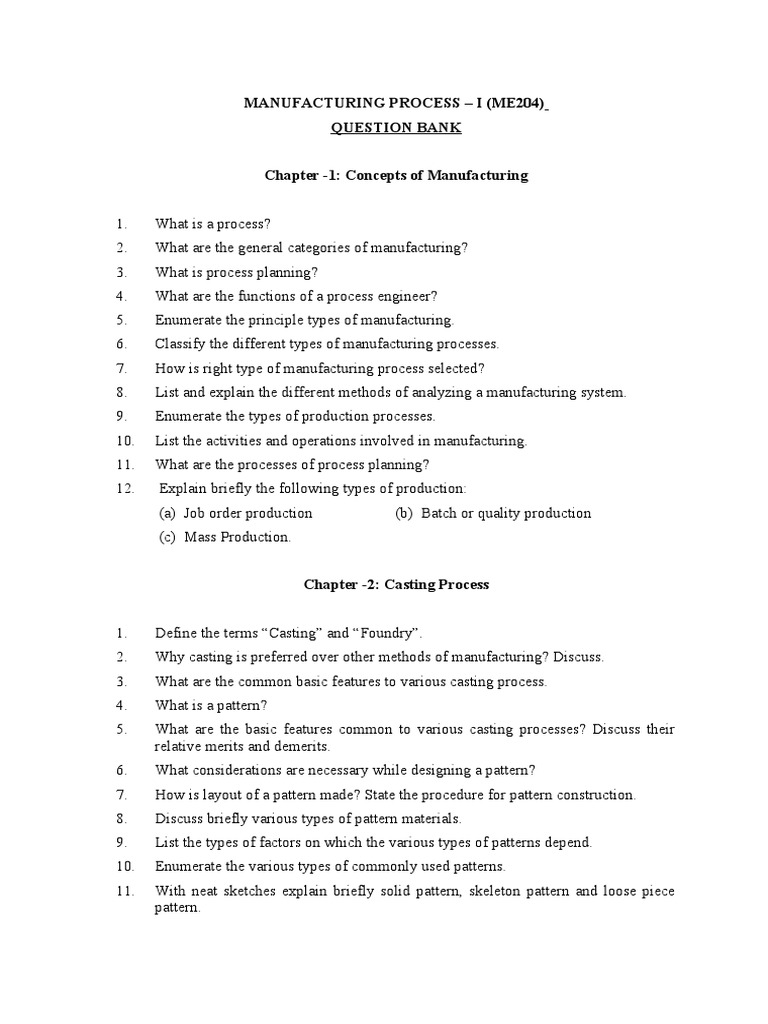 Manufacturing Process 1 Question Bank | PDF | Casting (Metalworking ...