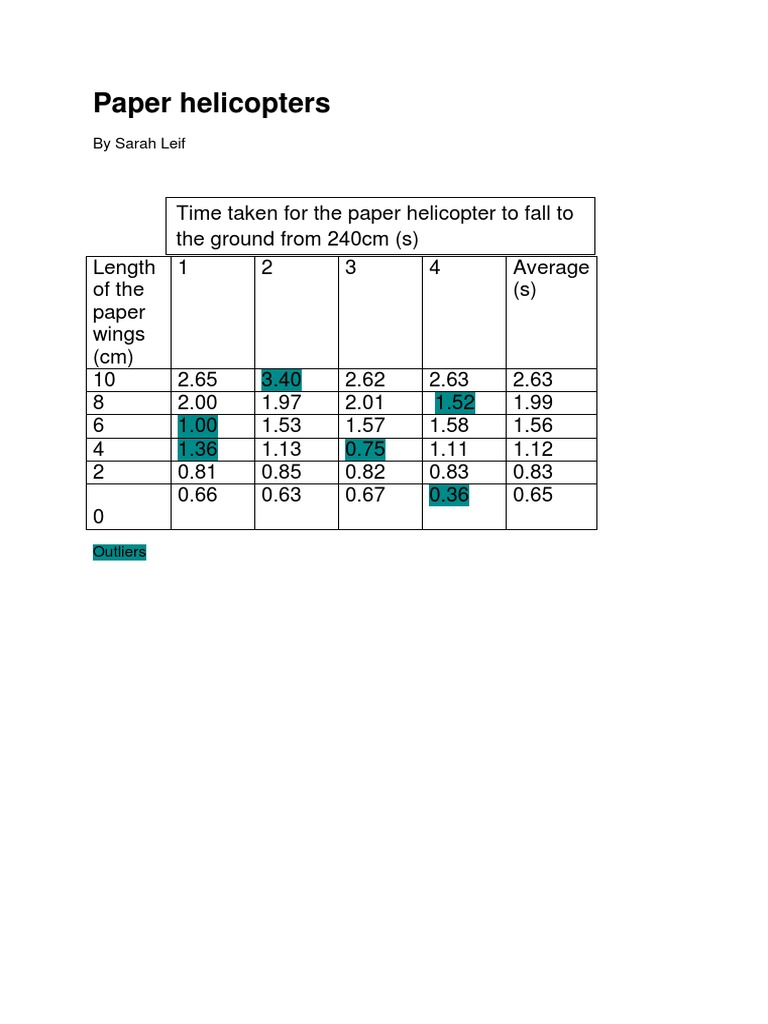 Paper Helicopter Fall Time Analysis | PDF