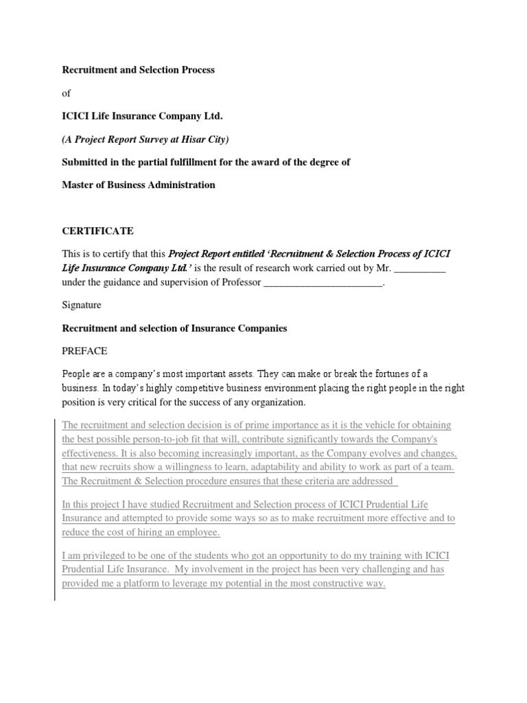 MBA Project: ICICI Recruitment Study | PDF | Insurance | Recruitment