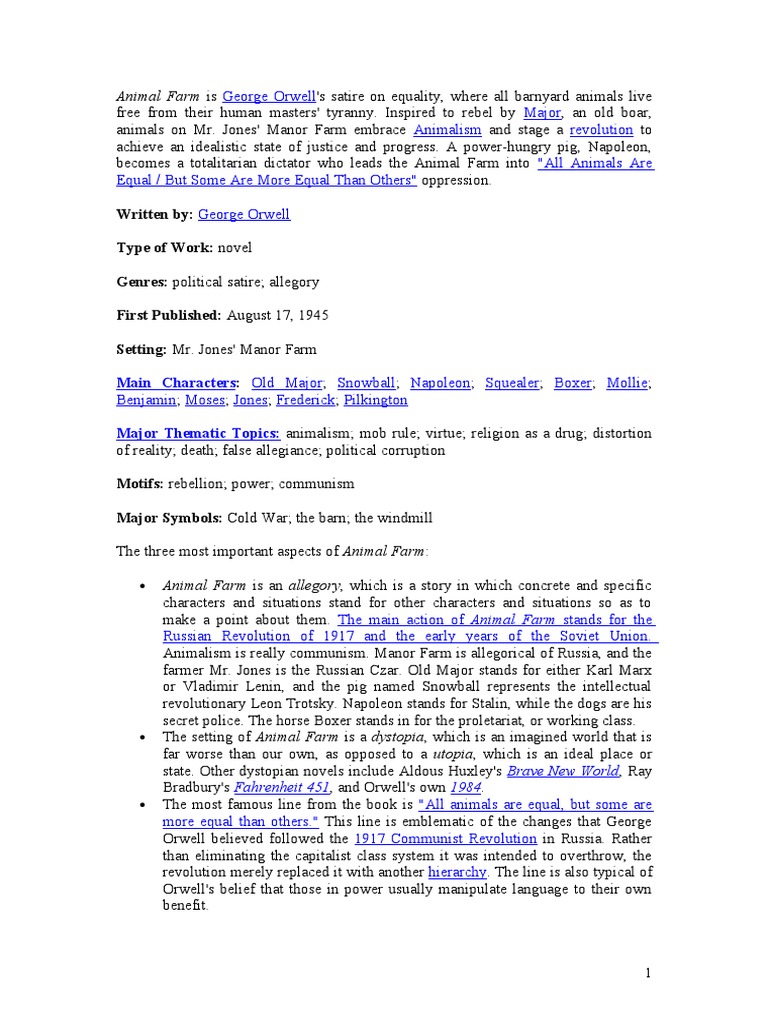 Animal Farm Summary | PDF | Dystopia | George Orwell
