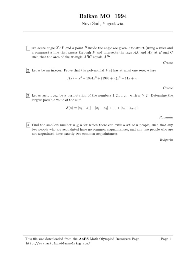 Balkan Math Olympiad 1994 Problems | PDF | Teaching Methods & Materials