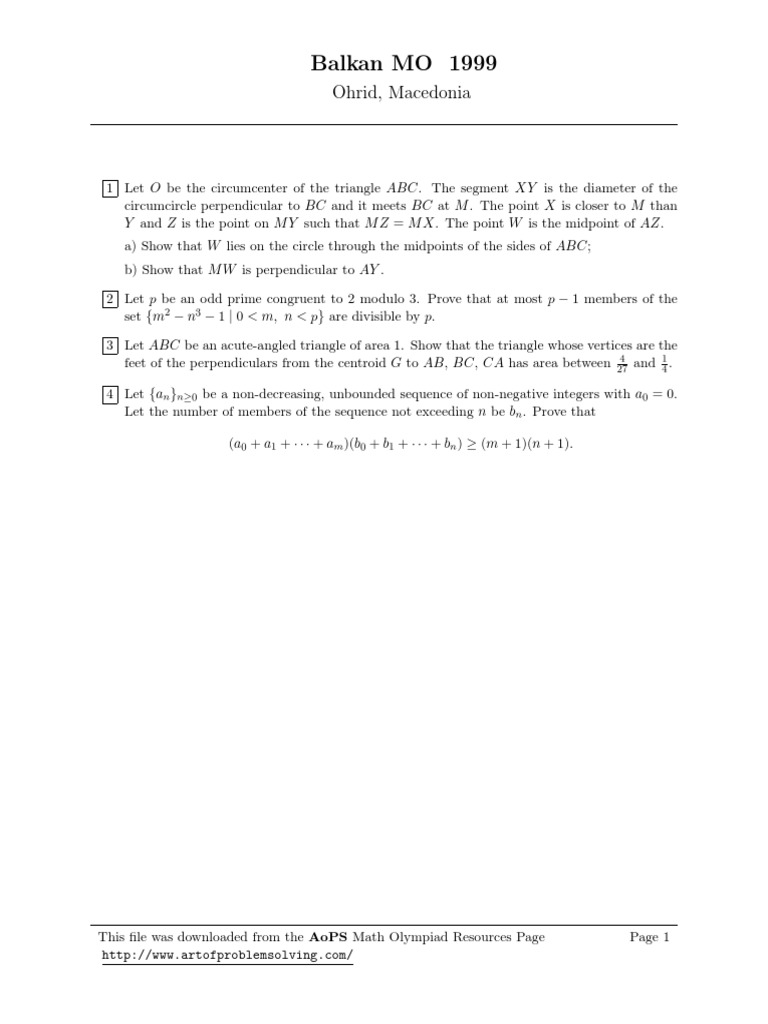 Balkan Math Olympiad 1999 Problems | PDF | Art | Science & Mathematics