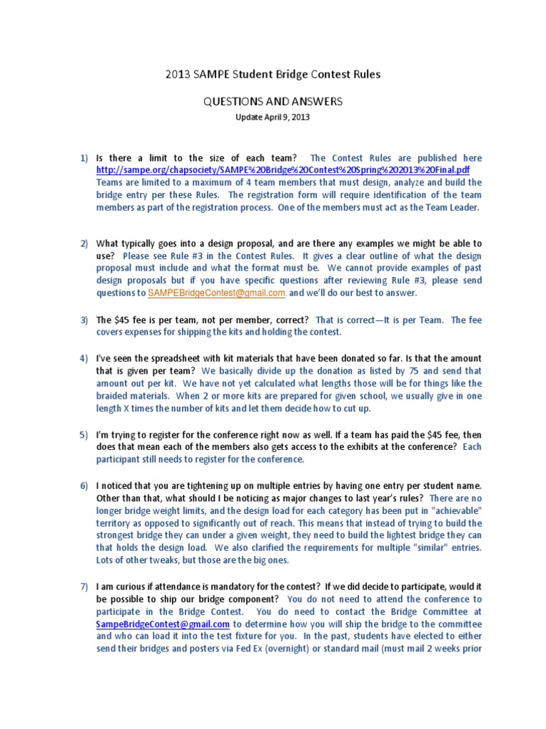 SAMPE Bridge Contest Questions and Answers Rev-2013 | PDF | Fibers ...