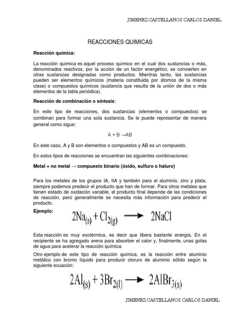 Hoja De Trabajo Para Describir Reacciones Químicas Proyecto De