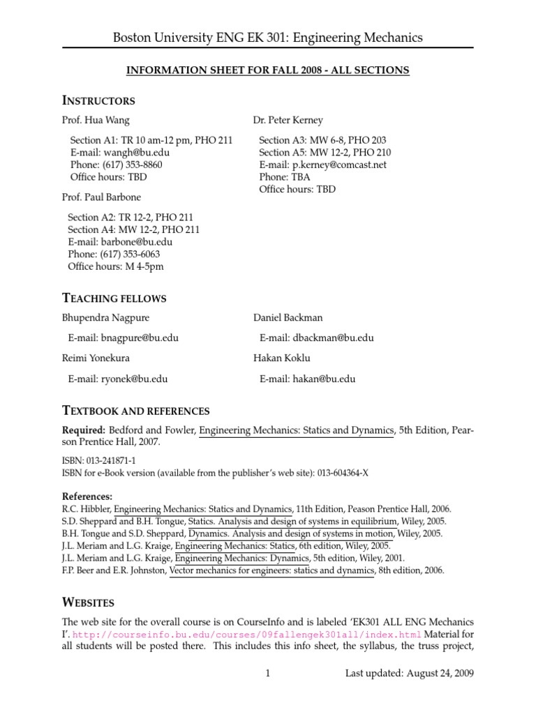 Boston University ENG EK 301: Engineering Mechanics: Information Sheet ...
