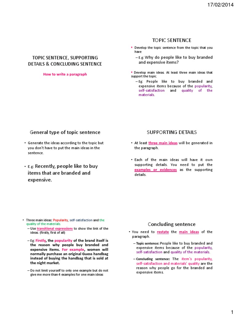 Topic Sentence, Supporting Details & Concluding Sentence | PDF