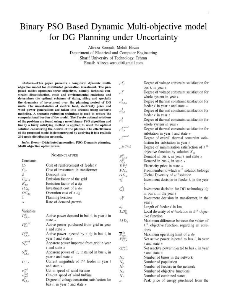 Binary PSO Based Dynamic Multi-Objective Model For DG Planning Under Uncertainty | PDF ...