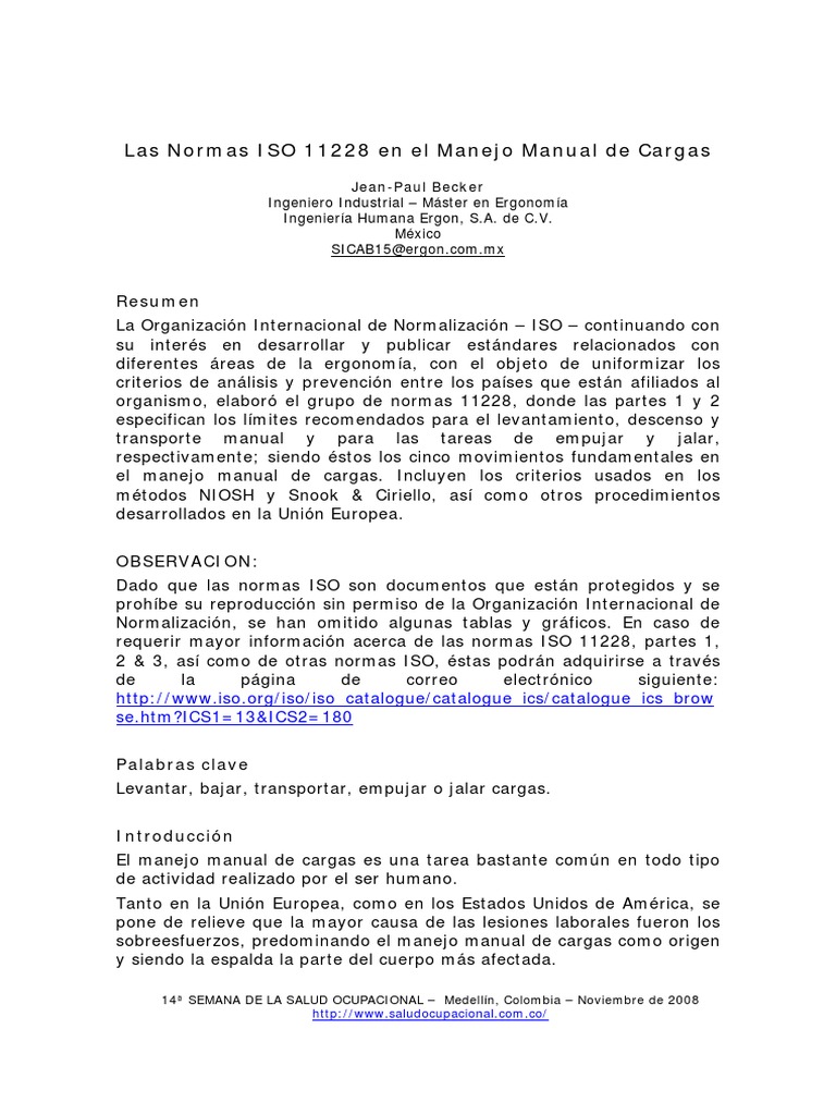 Las Normas ISO 11228 en El Manejo Manual de Cargas | PDF | Seguridad y ...